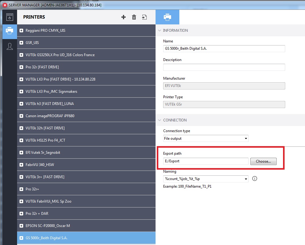 Changing the EFI VUTEK RTL output path in Fiery XF.
